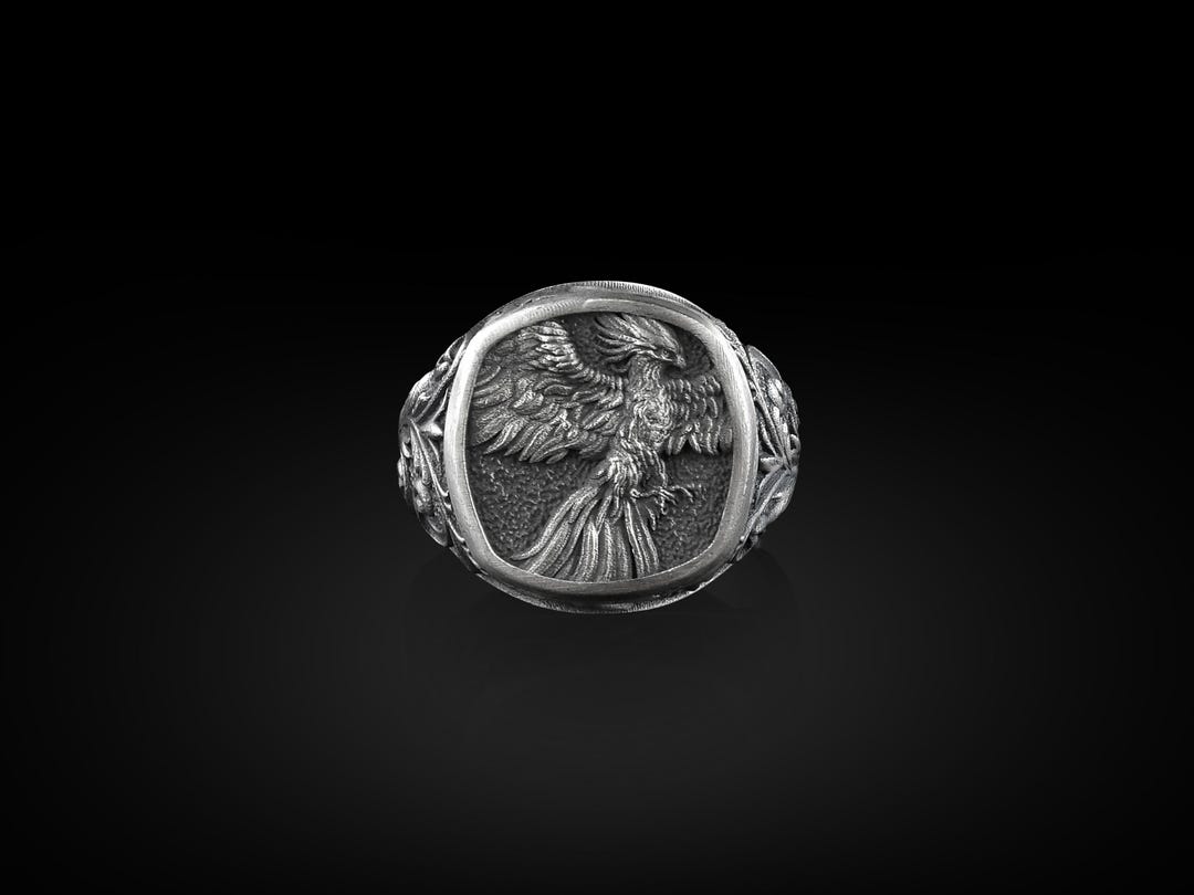 Winged Phoenix Square Signet Ring for Men in Sterling Silver, Phoenix ...