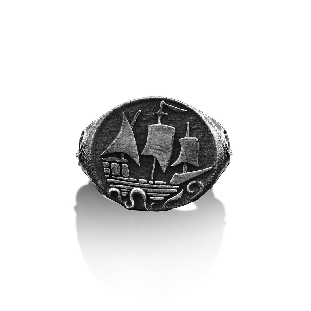 Octopus With Pirate Ship Signet Men Ring in Silver, Sailor Pinky Ring ...