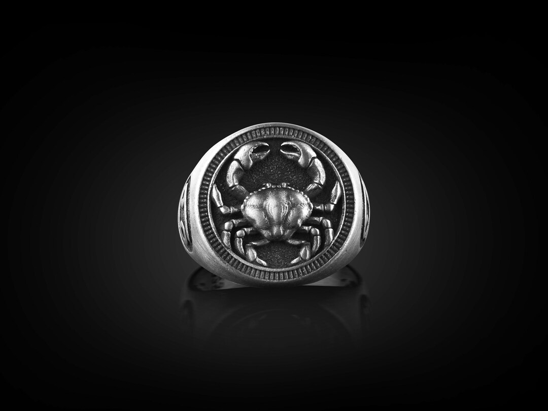 Cancer Zodiac Sign Mens Ring in Silver, Zodiac Pinky Signet Ring in ...