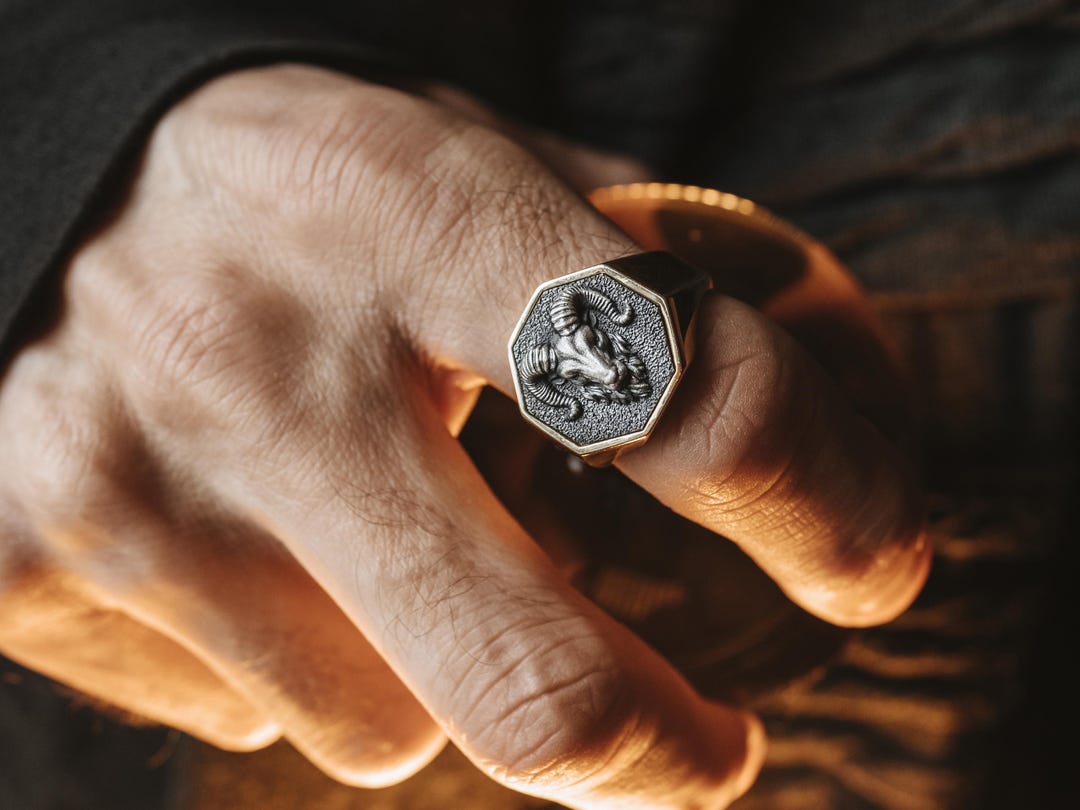 Ram Head Signet Silver Men's Ring, 925 Silver Aries Ram Men Ring, Gold ...