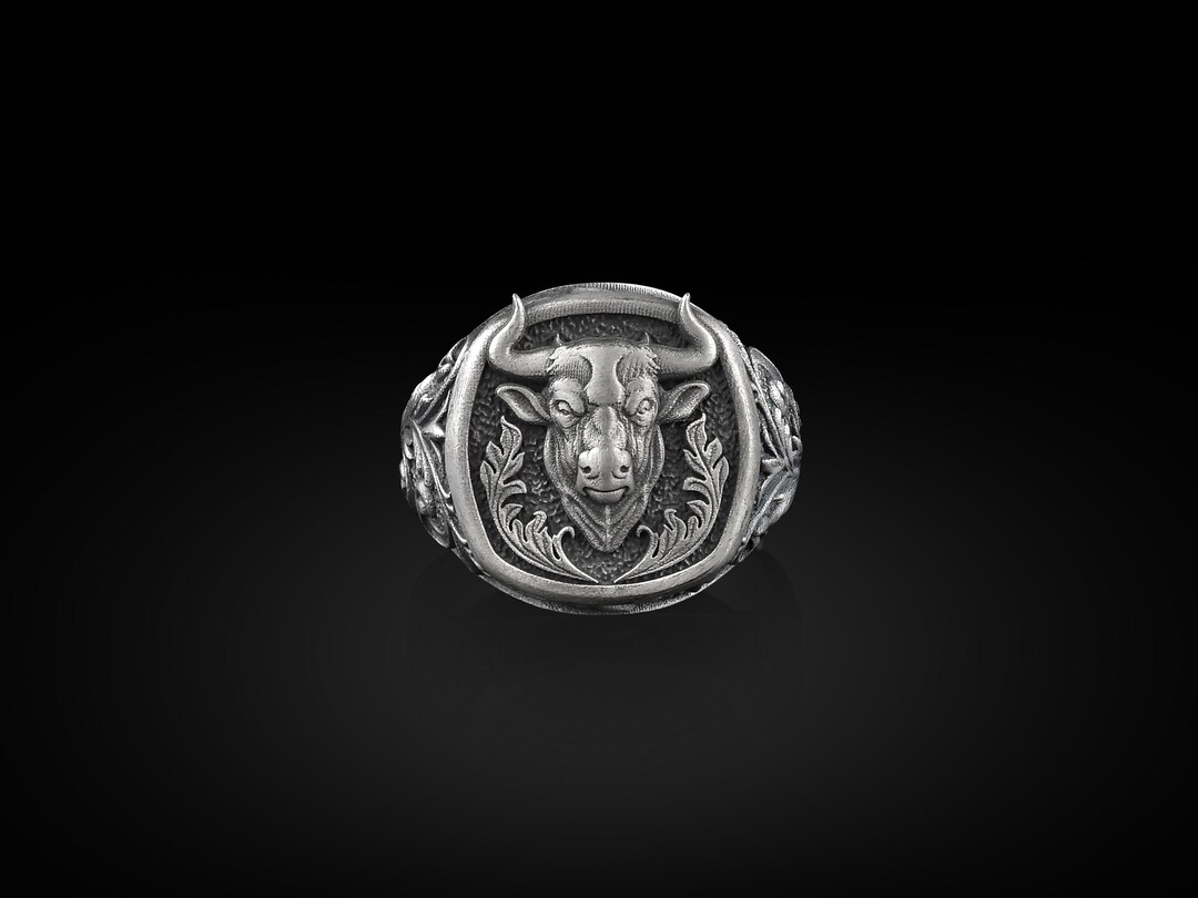 Zodiac Taurus Floral Signet Ring for Men in Sterling Silver, Pinky Bull ...