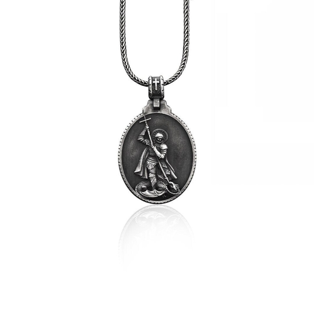 Silver Saint George Mens Necklace Saint George With Dragon - Etsy