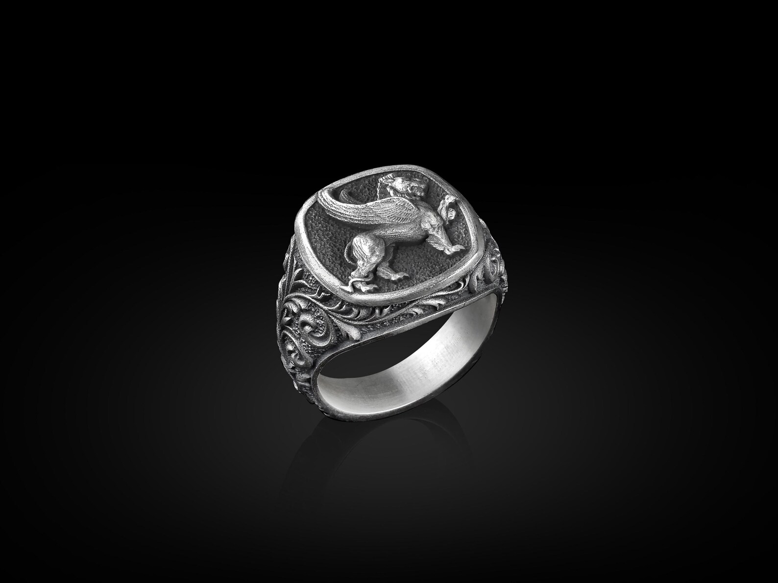 Gryphon Lion Square Signet Ring, Lion Bodied Eagle Headed Mythical ...