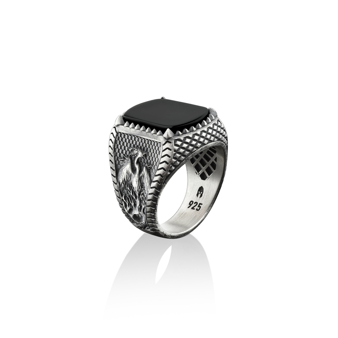 Phonix Men Silver Onyx Signet Ring, Phoenix Rising From the Flames ...