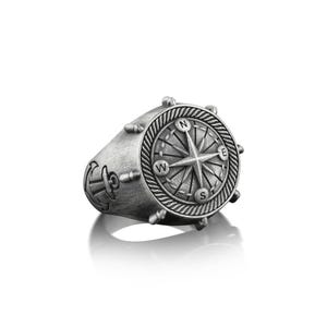 Compass Ring With Intaglio Anchor, Sterling Silver Oxidized Signet Ring ...
