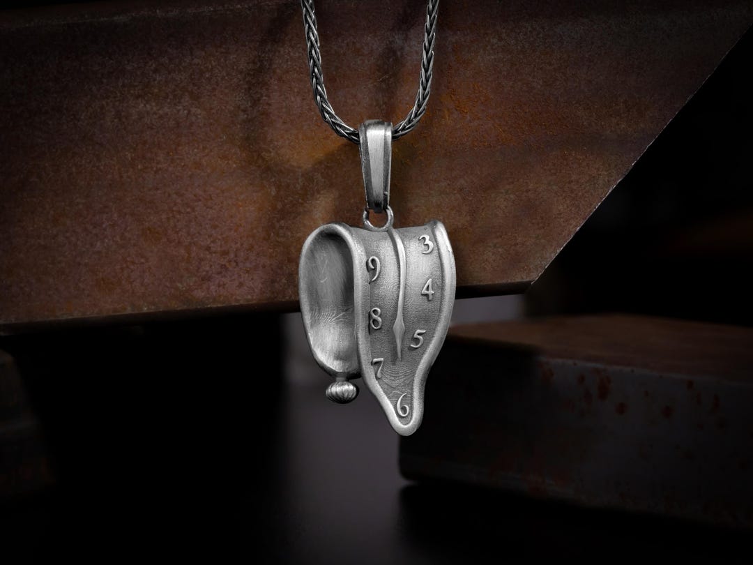Salvador Dali Melting Clocks Silver Necklace Pendant for Men, Oxidized ...