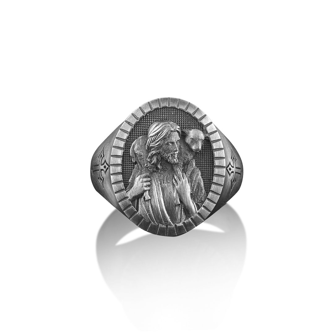 Jesus the Good Shepherd Sterling Silver Signet Rings for Men - Etsy