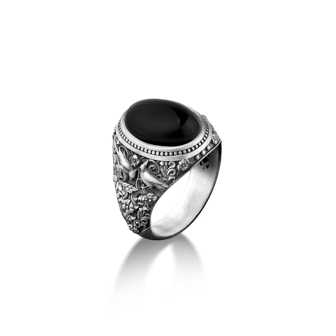 Nature Inspired Black Onyx Ring for Men, 925 Sterling Silver Engraved ...