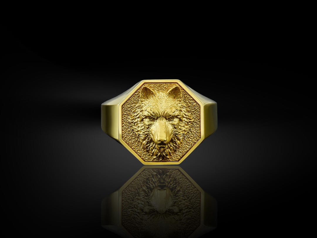 Minimalist Fenrir Wolf Signet Ring for Men in 14k Gold, Simple Signet ...