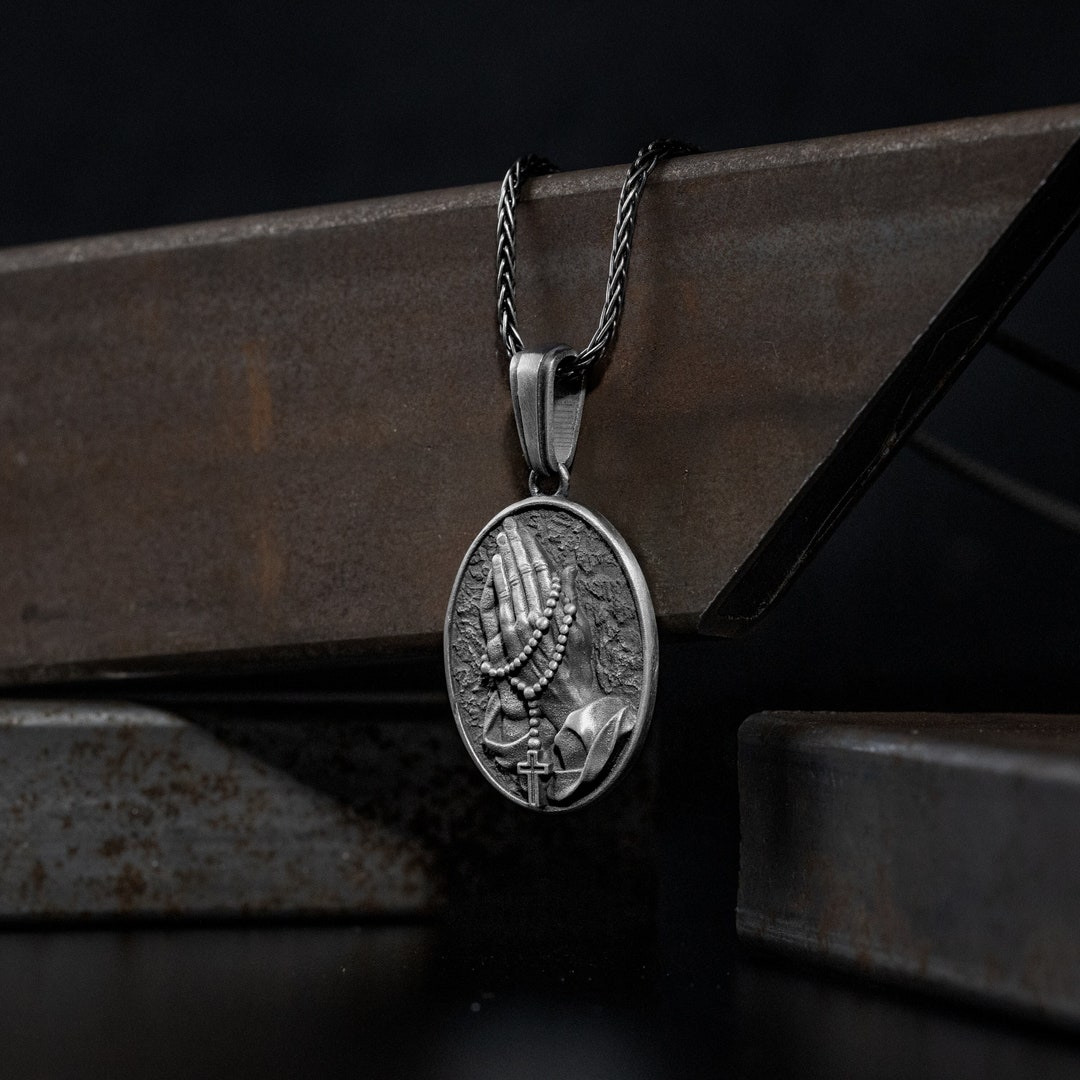Praying Hands With Rosary Silver Necklace Pendant for Men or Women ...