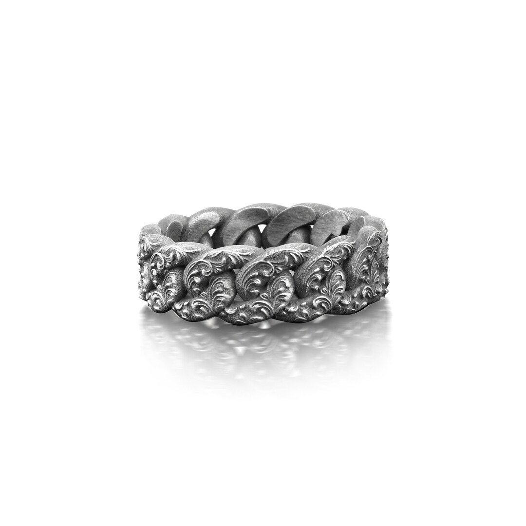 Floral Curb Link Chain Silver Mens Ring, Victorian Style Sterling ...