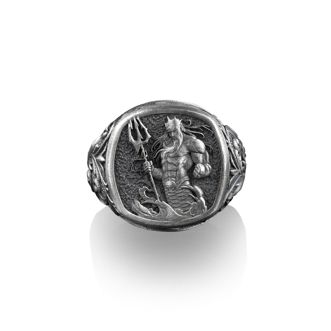 Poseidon With Trident Square Signet Ring, Ancient Greek God of the Sea ...