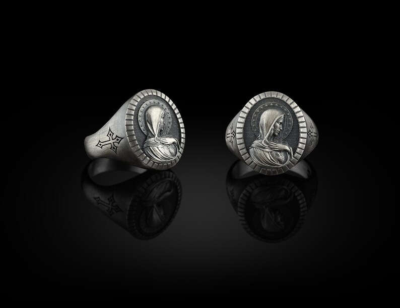 Virgin Mary With Sacred Heart Ring for Mens Silver in Sterling - Etsy