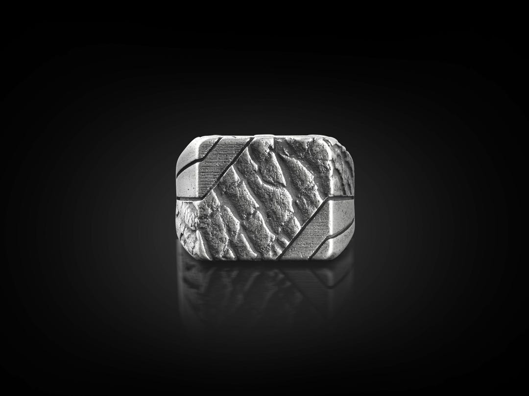 Rock Surface Textured Ring for Men, Oxidized Square Mens Signet Ring in ...