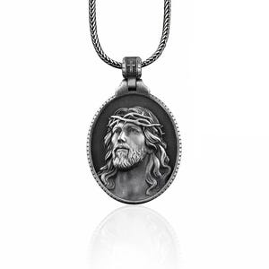 Silver Jesus Mens Necklace, Christ Jesus Solid Silver Man Medallion ...