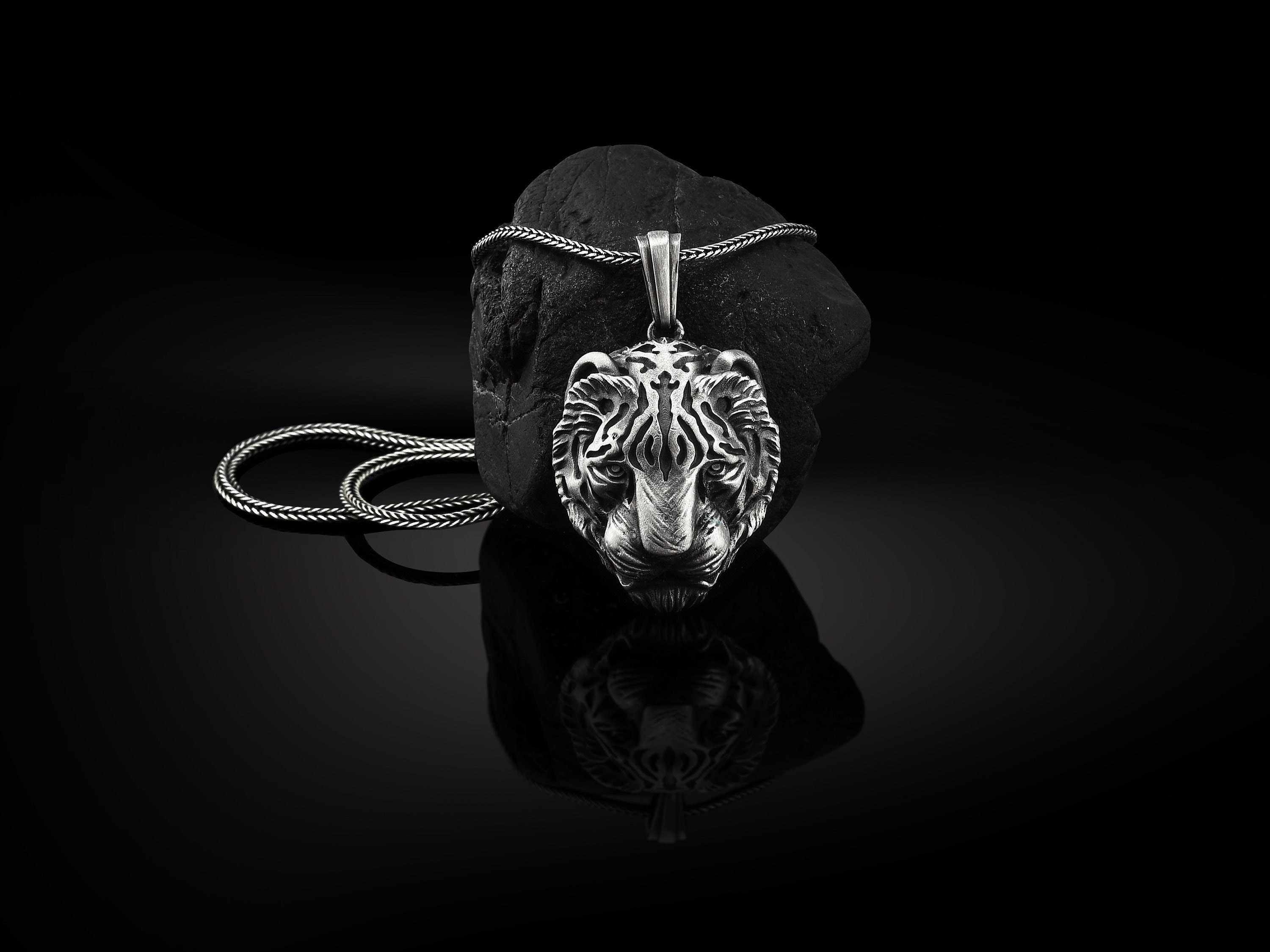 Tiger Head Silver Men Necklace Angry Tiger Men Pendant Wild - Etsy