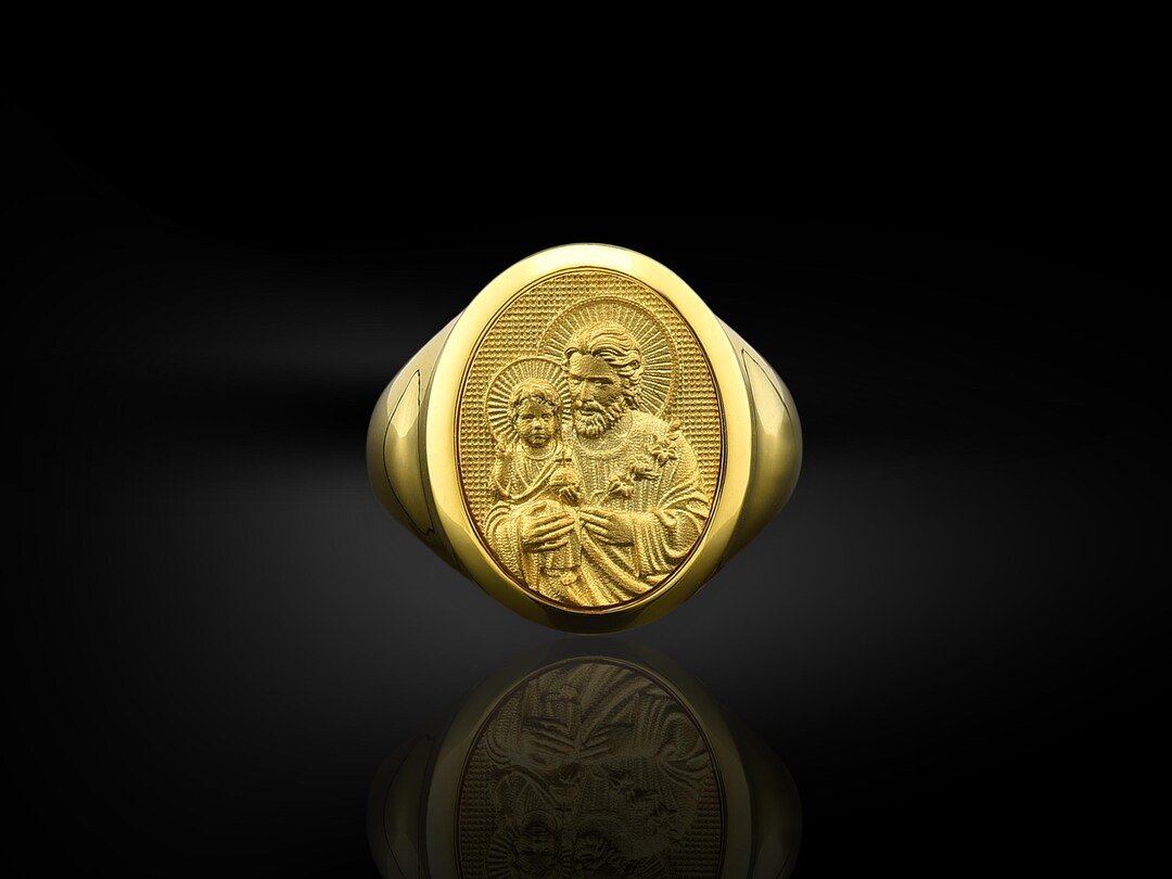 St Joseph and Baby Jesus Signet 14k Gold Men Ring, 18k Gold Christian ...