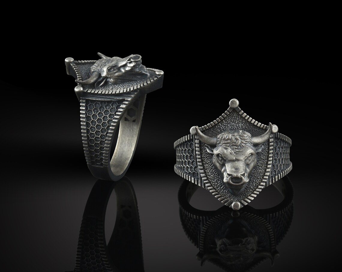 Bull Head Mens Ring Silver Bull Ring Silver Shield Mens | Etsy