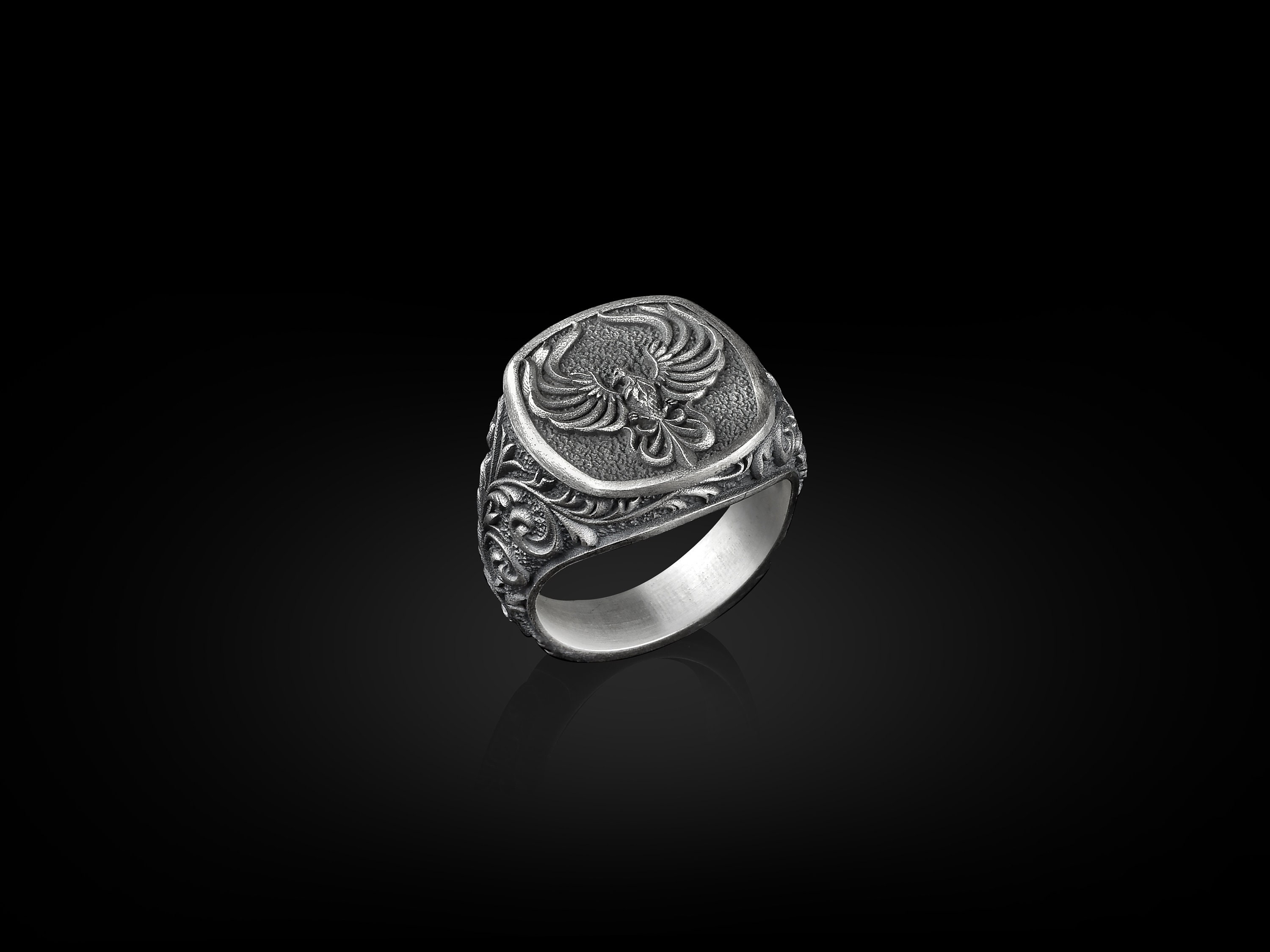 Immortal Phoenix Bird Signet Ring Sterling Silver Square - Etsy