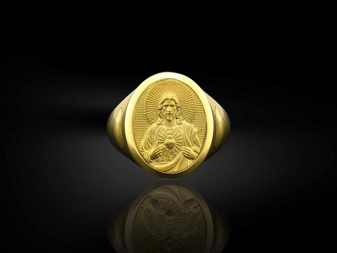 Sacred Heart of Jesus Signet Ring for Men, 14k or 18k Gold Mens Signet ...