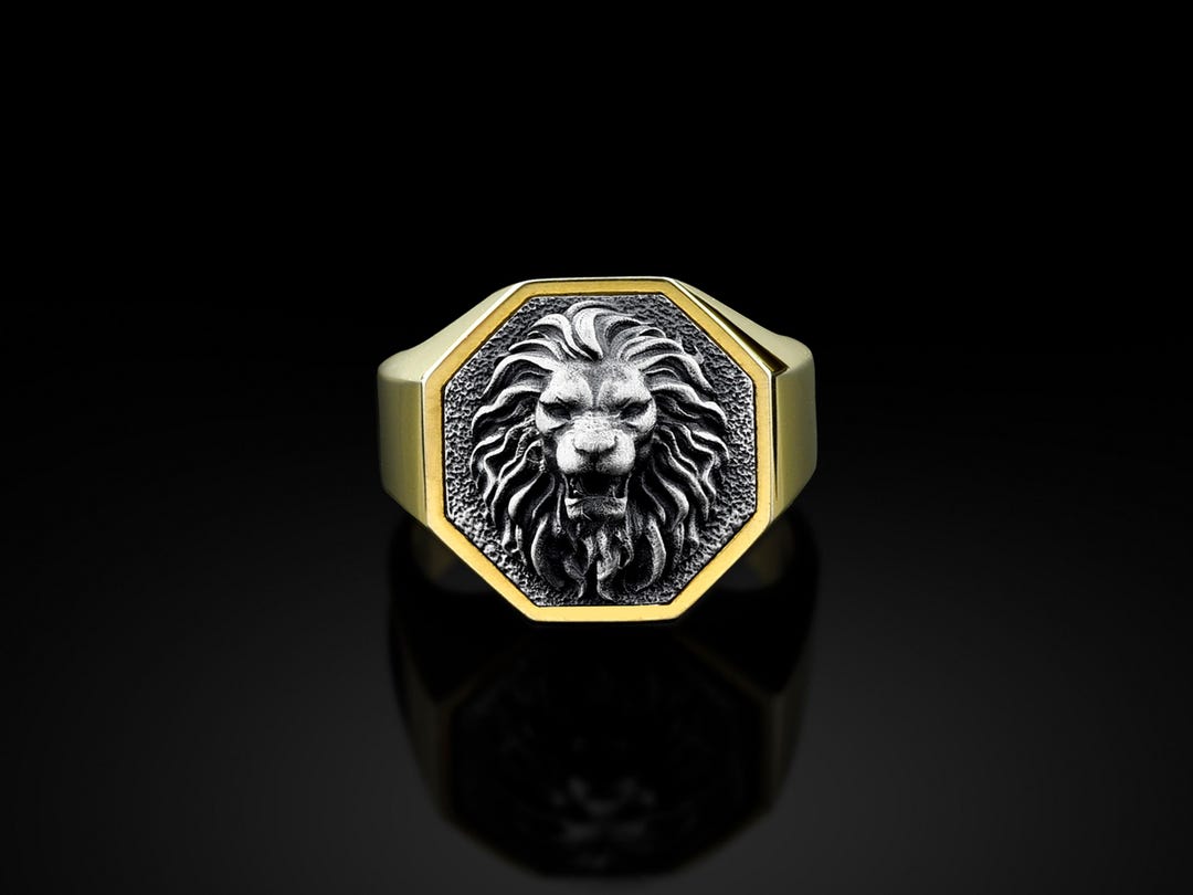 Handmade Gold Plated Mens Lion Ring, Lion Head Signet Silver Man Ring ...