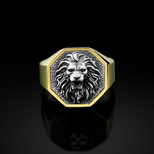 Handmade Gold Plated Mens Lion Ring, Lion Head Signet Silver Man Ring ...
