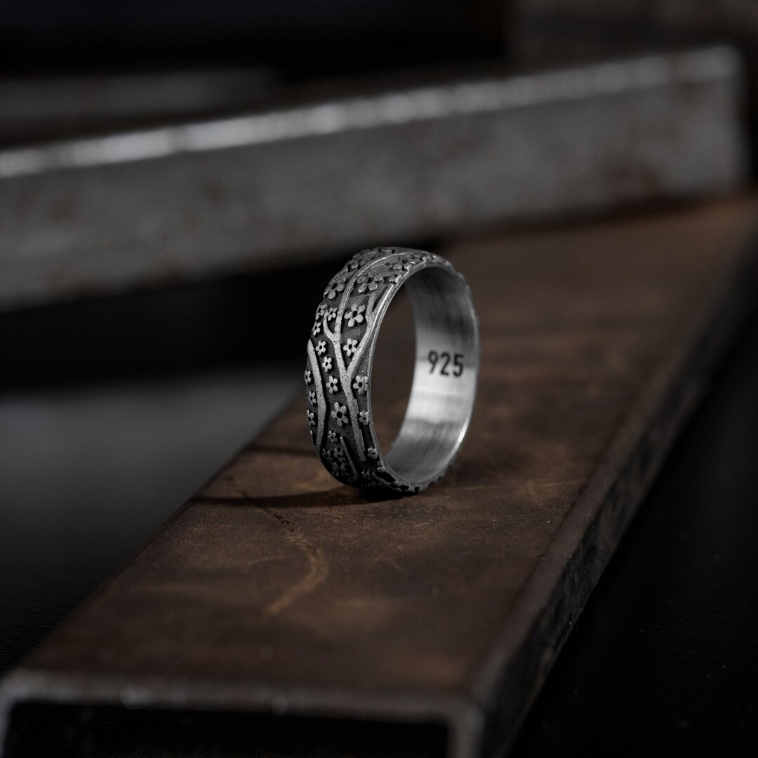 Sakura Flower Silver Band Ring, Japonese Art Band Ring With Sakura ...