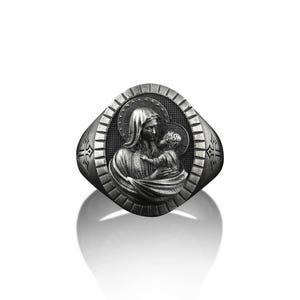 Mary With Child Mens Signet Ring for Men in Sterling Silver, Holy ...