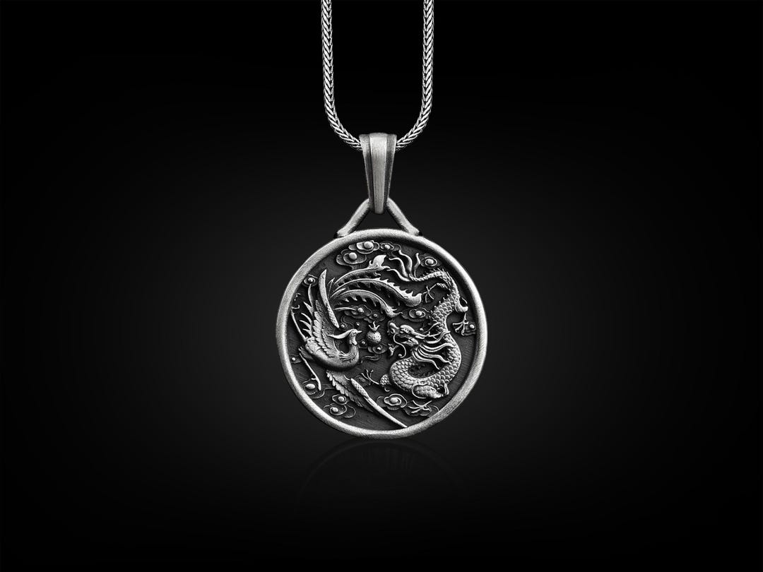 Phoenix and Dragon Engraved Necklace, Sterling Silver Personalized ...