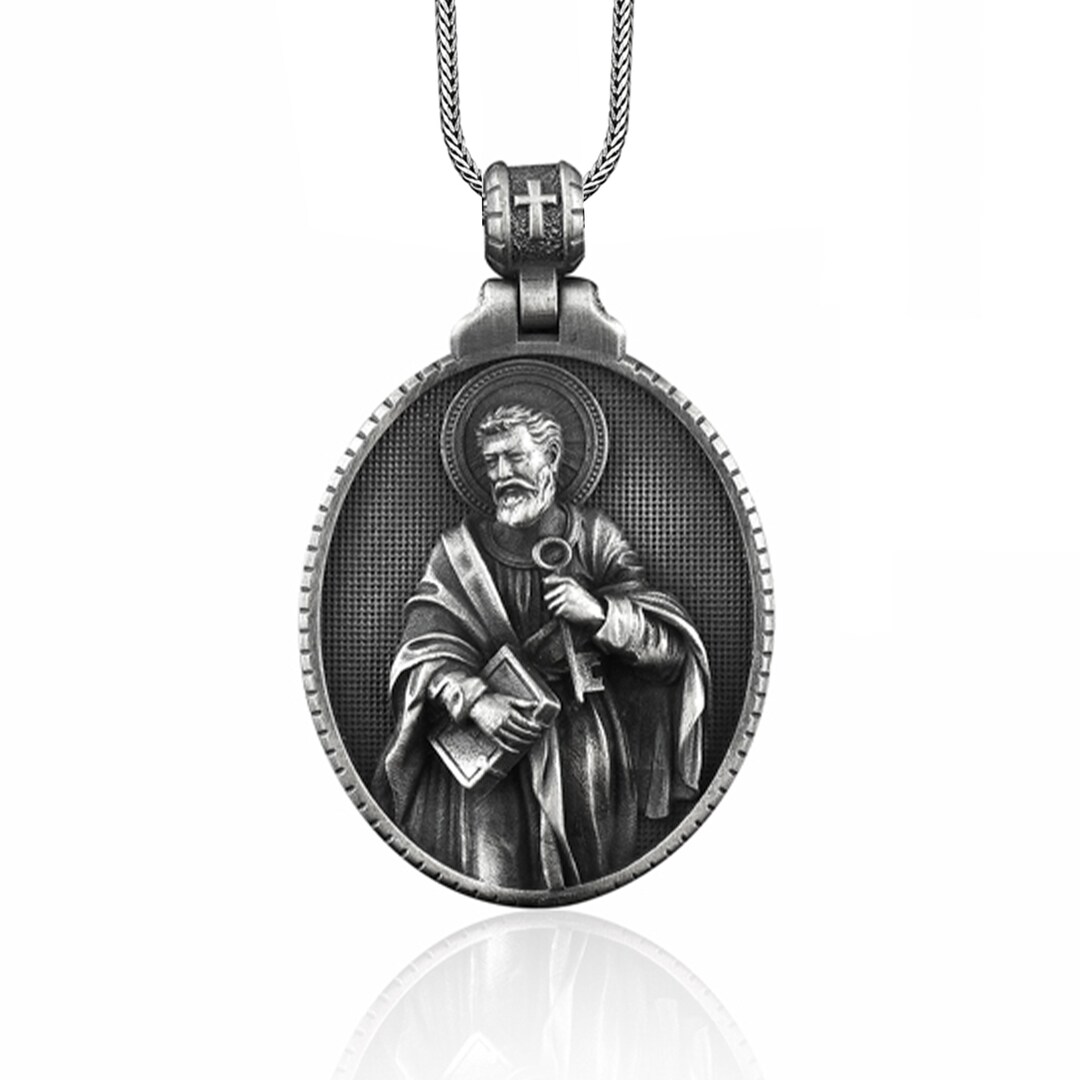 Silver Saint Peter Mens Necklace, Saint Peter Oval Pendant, Silver ...