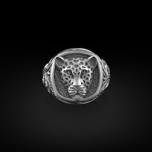 Snow Leopard Head Chunky Ring, Sterling Silver Square Signet, Gold ...