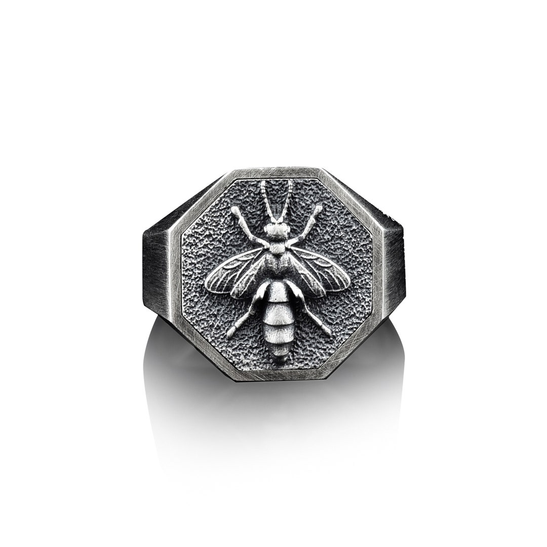 Boho 925 Silver Bee Men Ring, Wild Bee Signet Men's Ring, Handmade ...