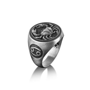 Cancer Zodiac Sign Mens Ring in Silver, Zodiac Pinky Signet Ring in ...