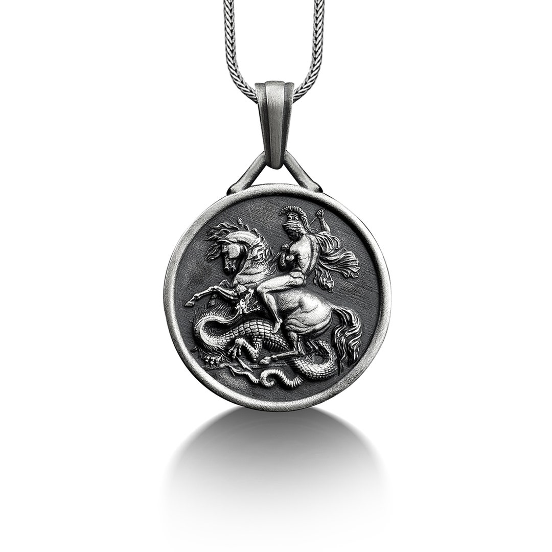 George of Lydda and Dragon Necklace, 925 Sterling Silver Saint George ...