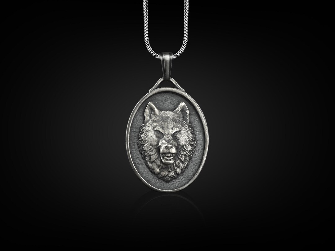 Angry Wolf Head Engraved Silver Menmedal Necklace, Personalized Animal ...