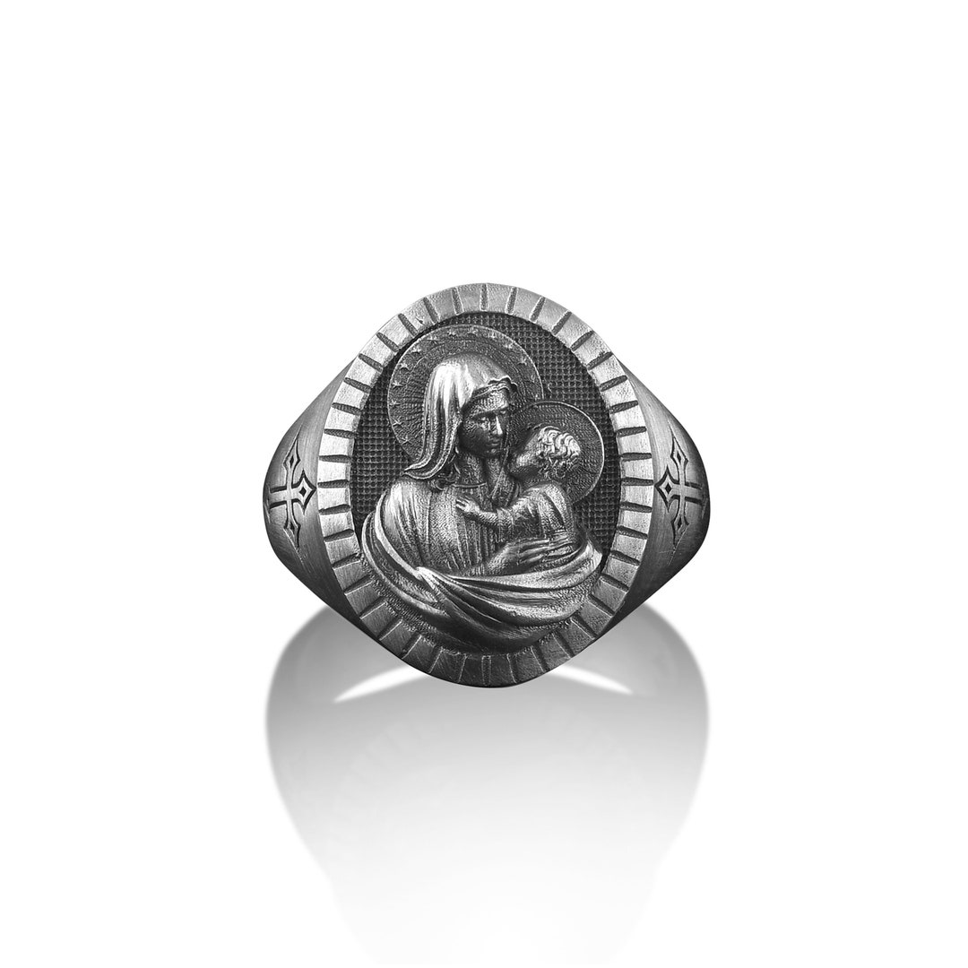 Mary With Child Mens Signet Ring for Men in Sterling Silver, Holy ...