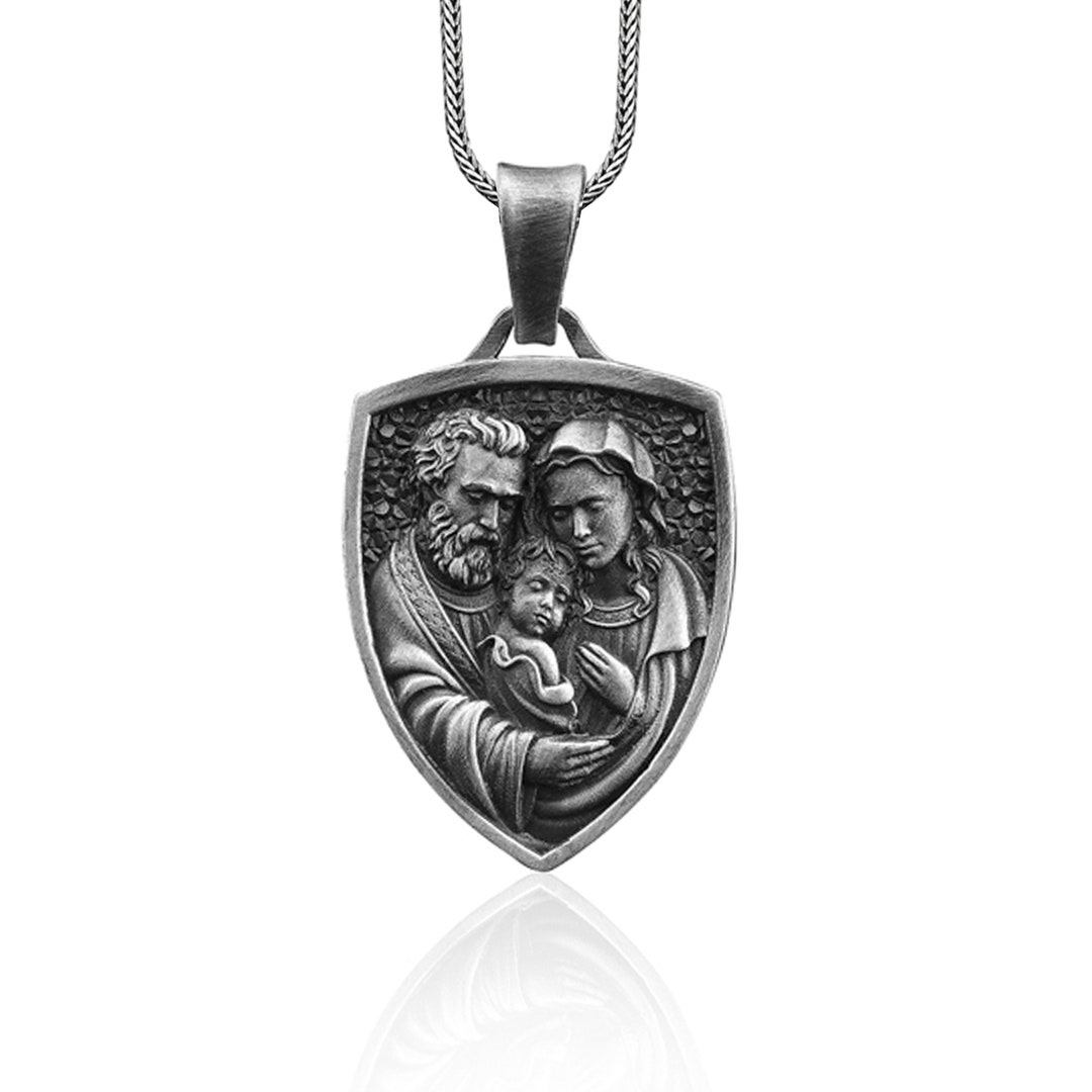 Christian Holy Family Charm Necklace for Men in Silver, Virgin Mary ...