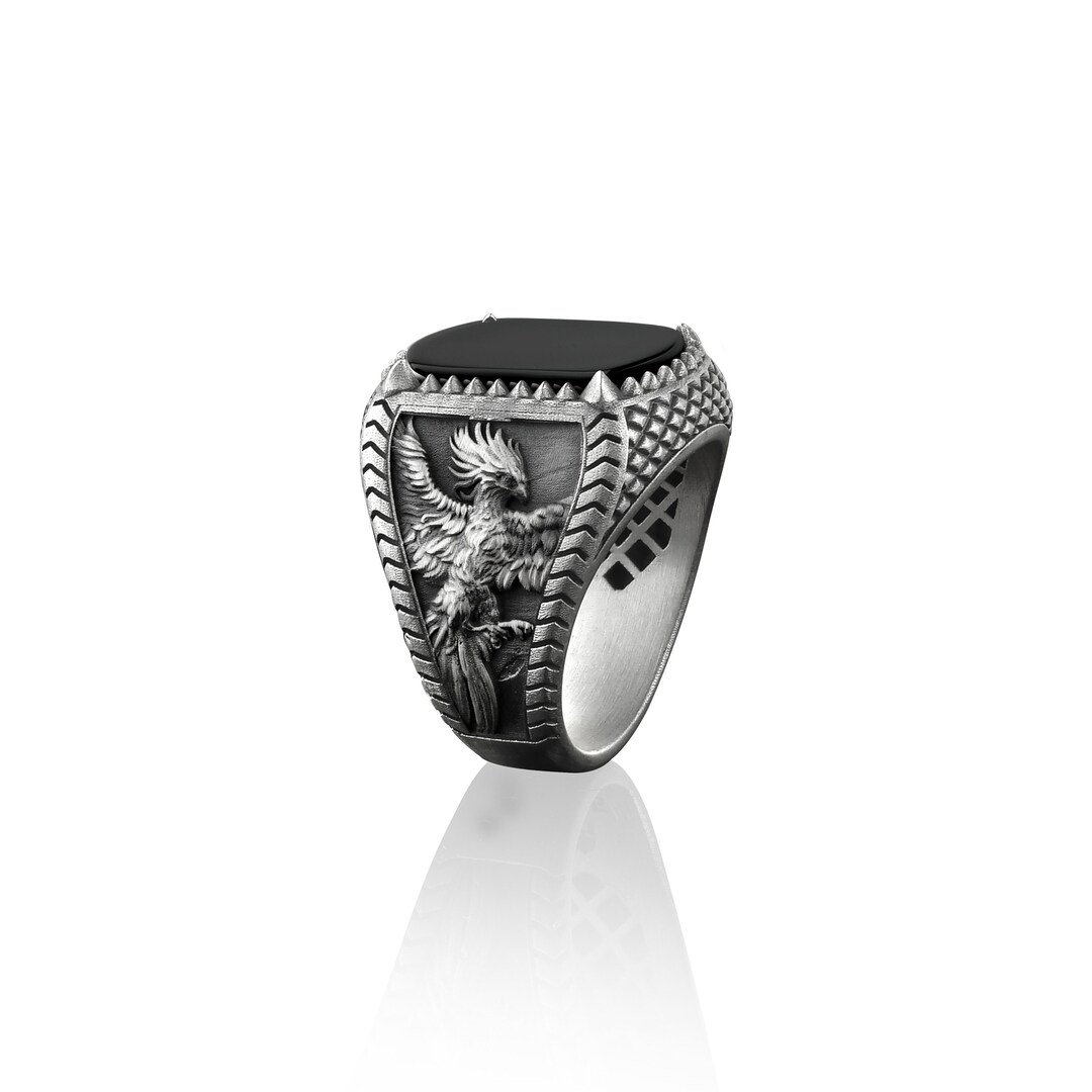 Winged Phoenix Black Onyx Signet Men Ring in Sterling Silver, Mythical ...