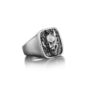 Oni Japanese Art Mens Ring in Silver, Demon Engraved Signet Ring for ...