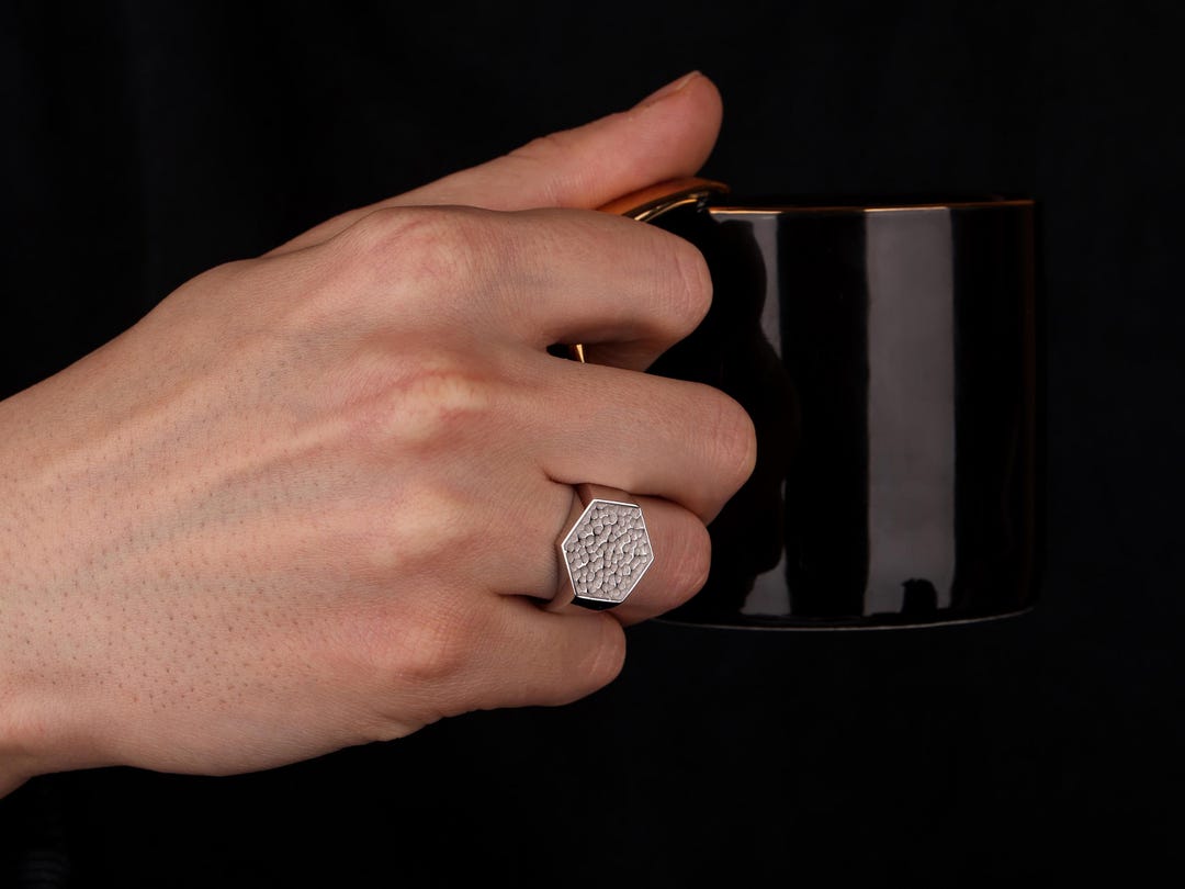 Textured Hexagon Silver Ring for Men, Hammered Surface Geometric Signet ...