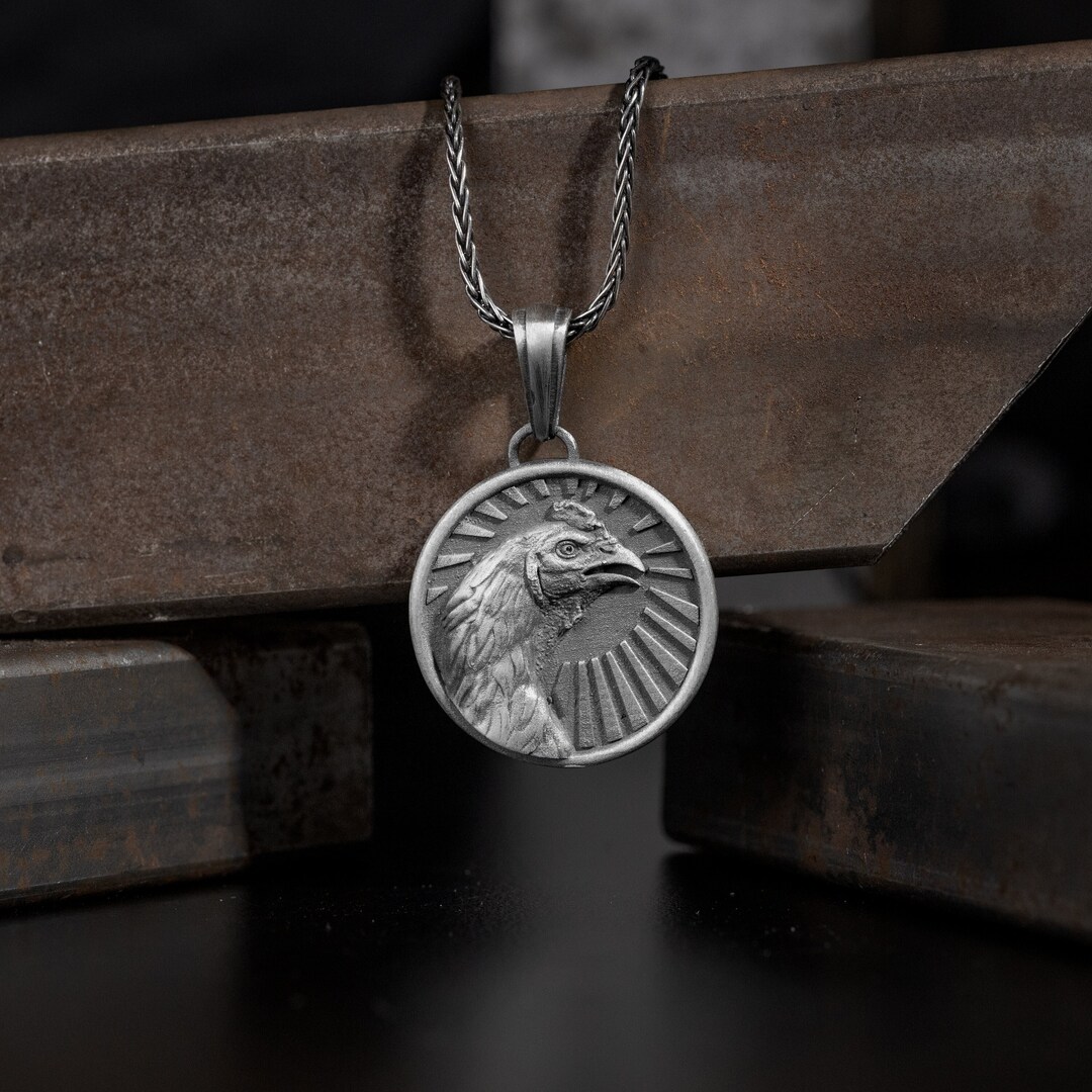 Medallion Fighting Cock Rooster Silver Necklace, Oxidized 925 Silver ...
