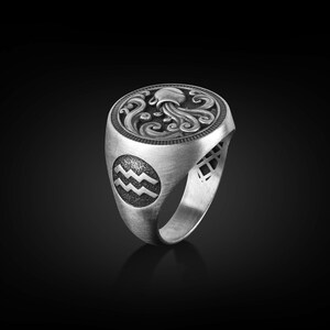 Aquarius Zodiac Sign Pinky Silver Ring for Men, Zodiac Pinky Signet ...