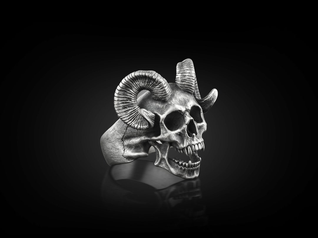 Demon Skull Ring in Sterling Silver Ram Skull With Horns - Etsy
