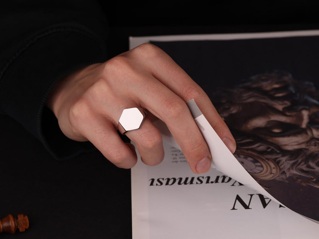 Hexagonal Silver Signet Ring for Men, Sleek Modern Hexagon Design ...