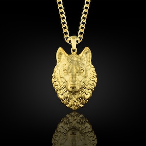 18k Gold Wolf Necklace, 14k Gold Mens Wolf Pendant With Cuban Chain ...
