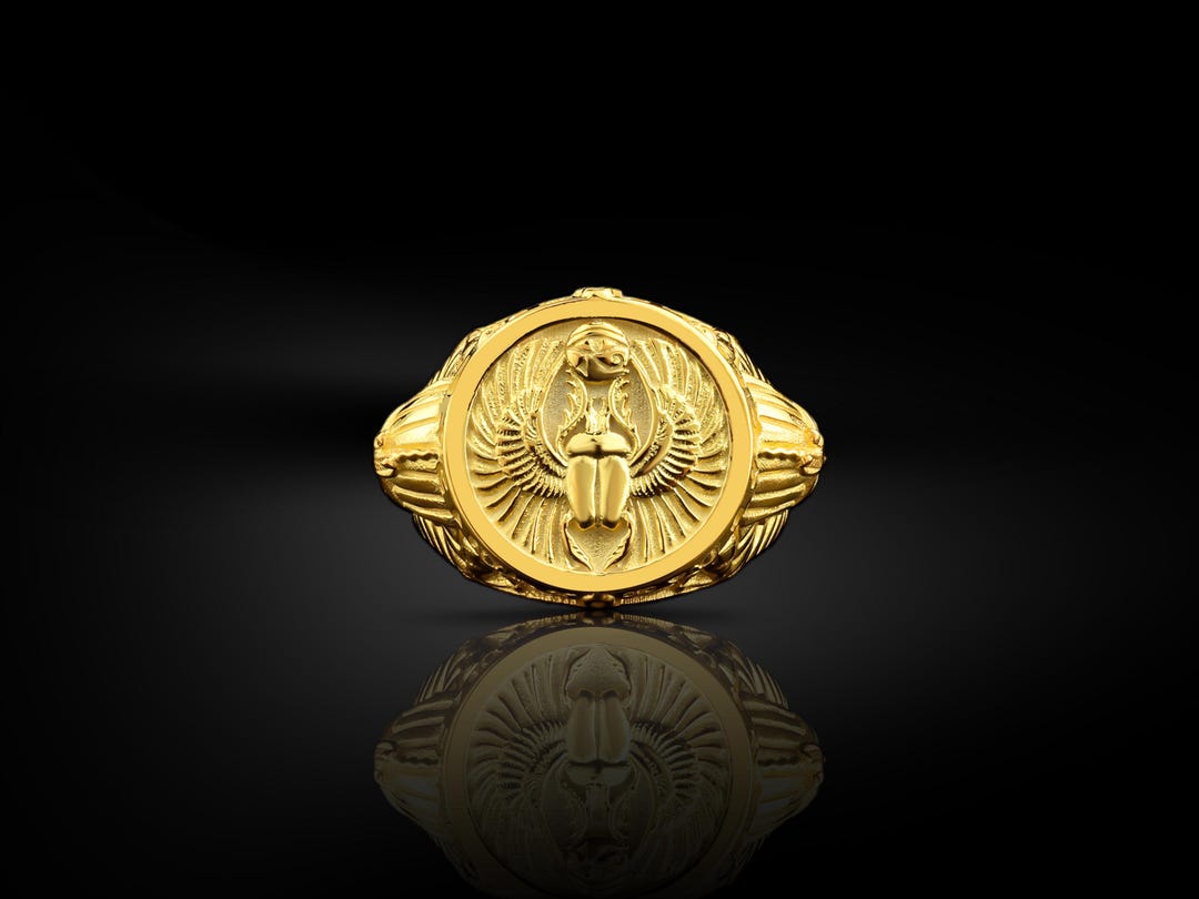 14k Gold Egyptian Scarab Signet Ring With Engraved Pharaoh on Side,18k ...