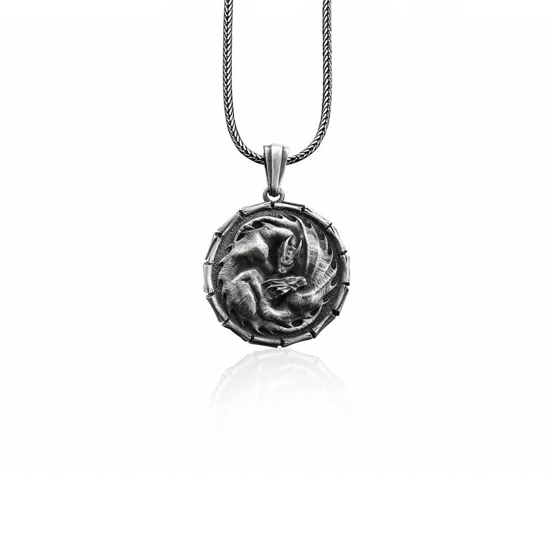 Round Dragon Necklace Silver Men Dragon Pendant Mythical - Etsy
