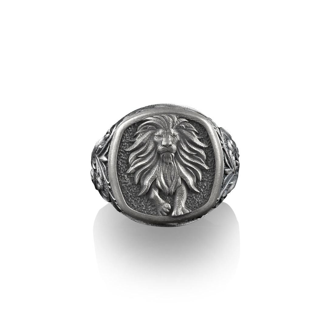 Maned Lion With Victorian Flowers Oxizidez Silver Men Ring, Leo Zodiac ...