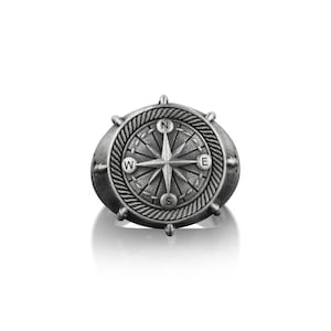 Compass Ring With Intaglio Anchor, Sterling Silver Oxidized Signet Ring ...