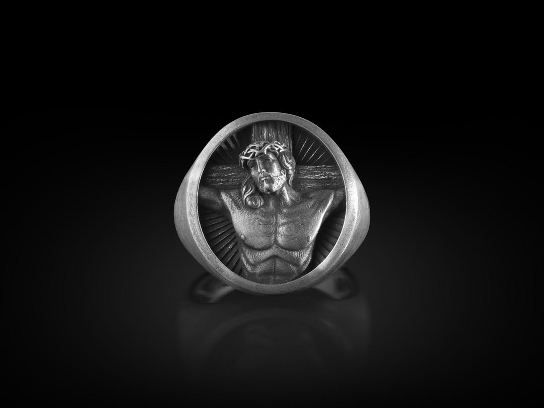Engraved Crucifixion of Jesus Ring, Jesus Christ With Cross Oxidized ...